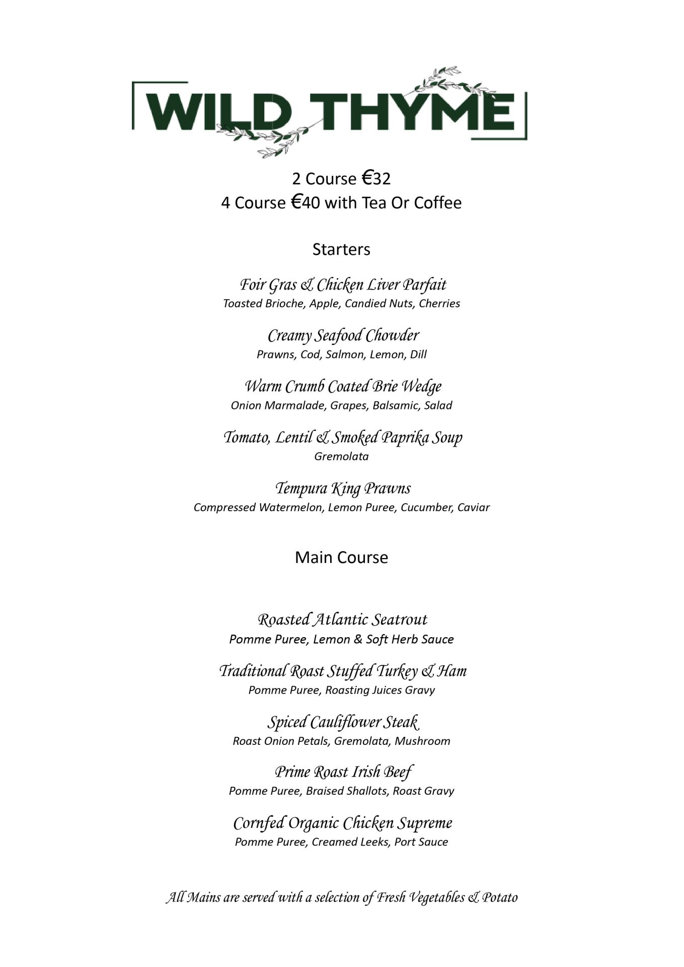 SUNDAY LUNCH - Wild Thyme Restaurant